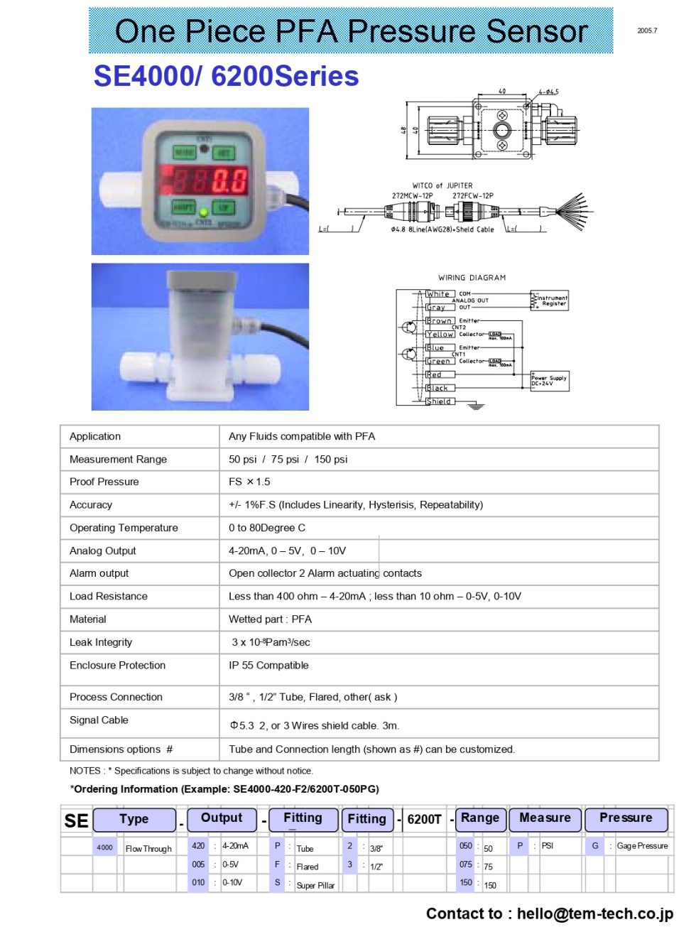 SE4000W Display PFA Pressure Sensor with Display Interface